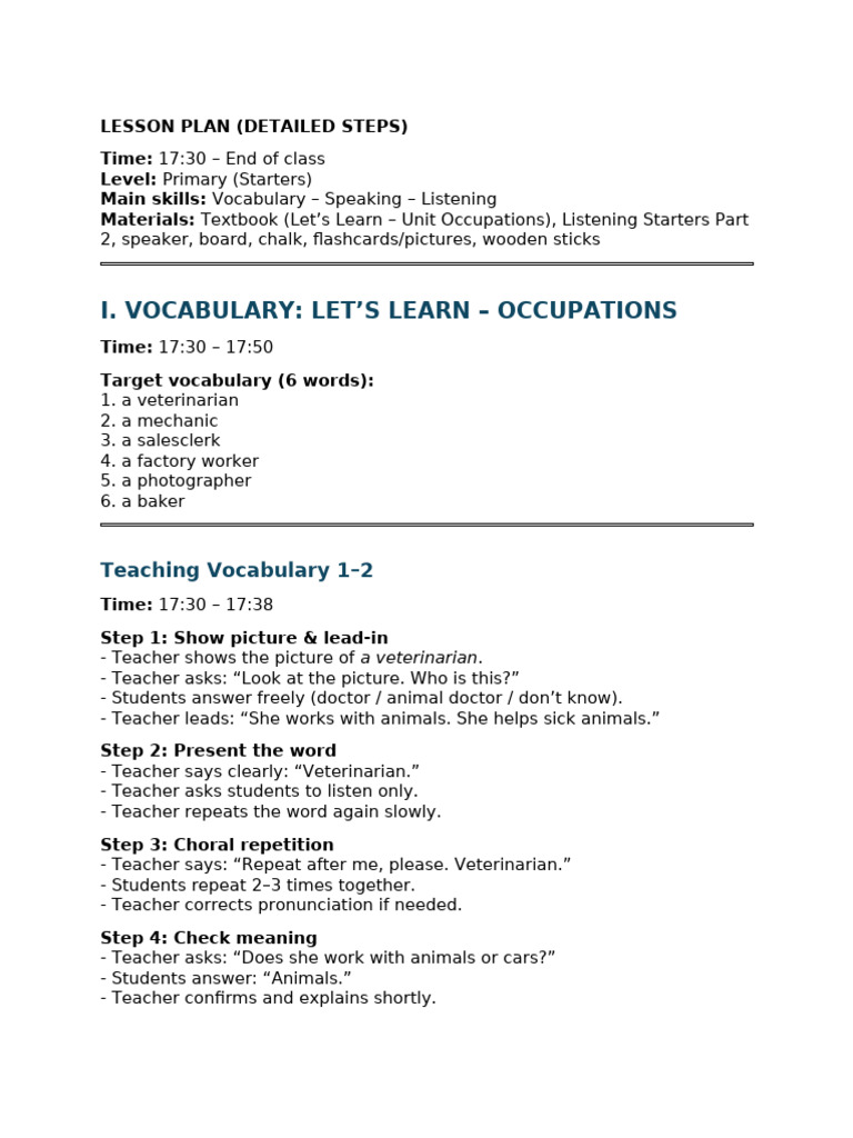 Lesson Plan - Let's Learn (Occupations) & Listening Starters | PDF ...