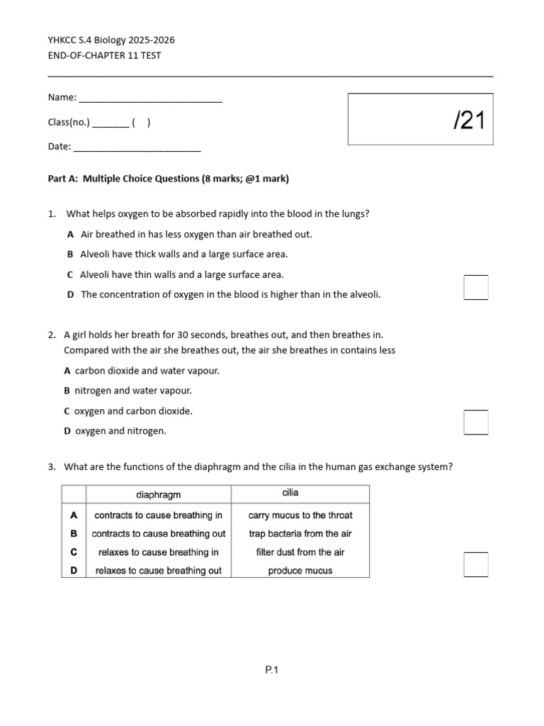 YHKCC S.4 Biology Chapter 11 Test | PDF | Breathing | Cellular Respiration