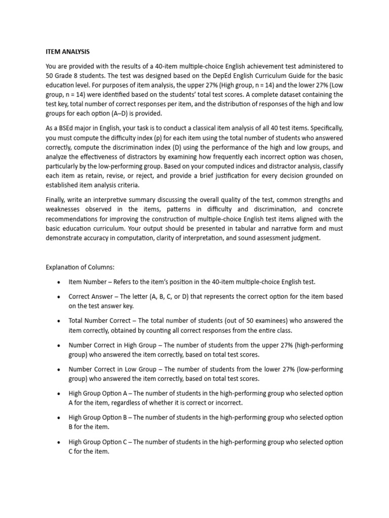Item Analysis Instructions Assessment in Learning | PDF | Multiple ...