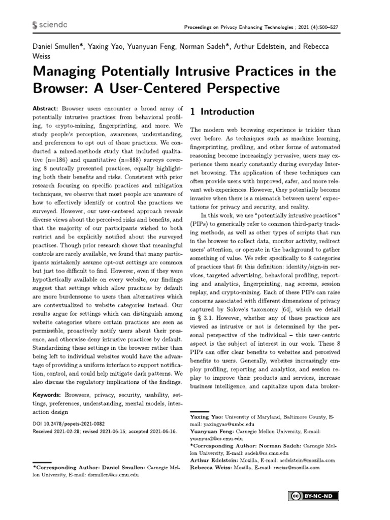Managing Potentially Intrusive Practices in The Browser A User-Centered ...