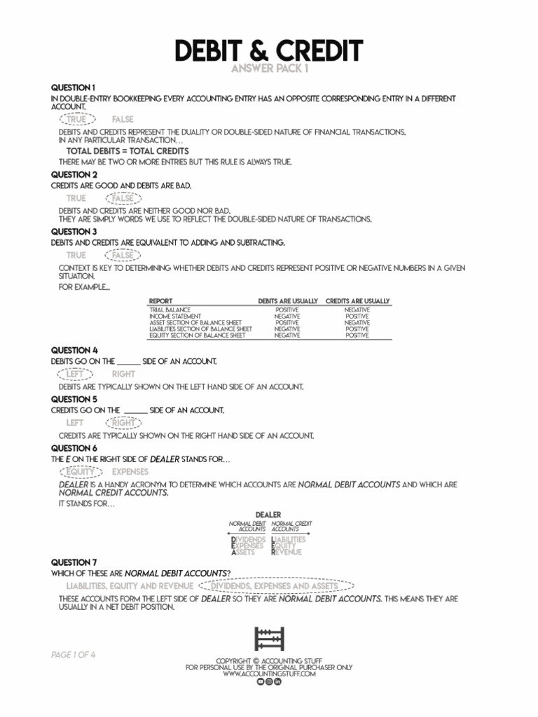 Debit & Credit Answer Pack 1 | PDF