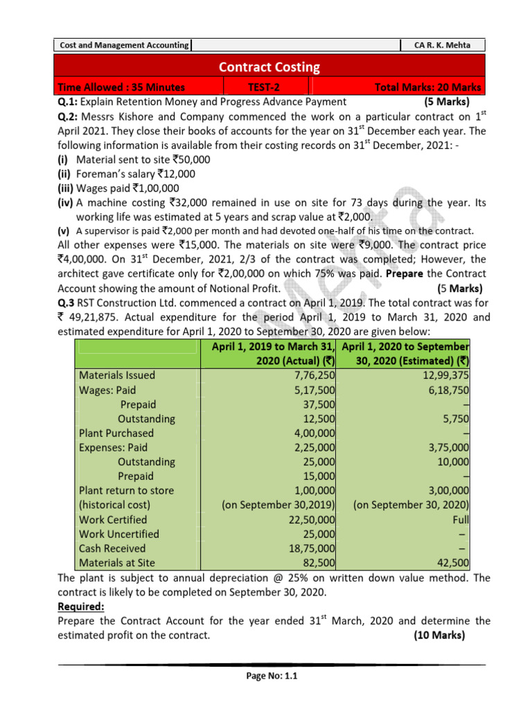 CMA Test 2 Question (Contract Costing) | PDF | Expense | Financial ...