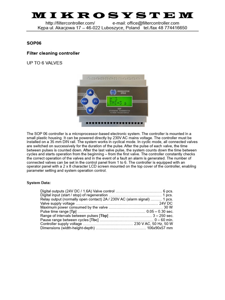 SOP06 Filter Cleaning Controller Overview | PDF