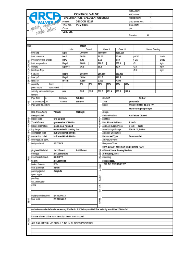 Control Valve Data Sheet- Arca | PDF | Valve | Chemical Engineering