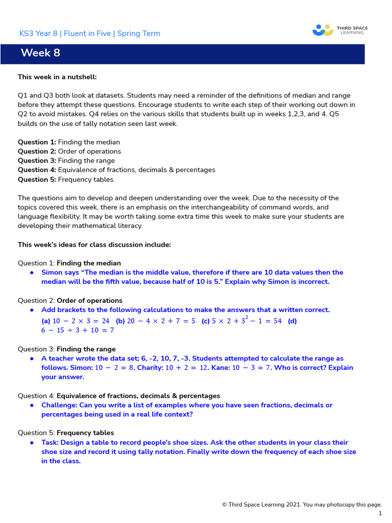 Yr8 Fluent in Five, Spring Term Week 8 | PDF | Percentage | Mathematics