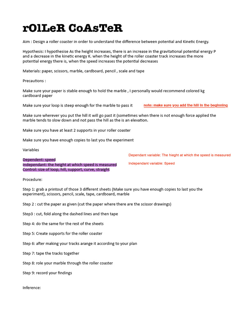 Roller Coaster Energy Experiment Guide | PDF | Paper | Experiment