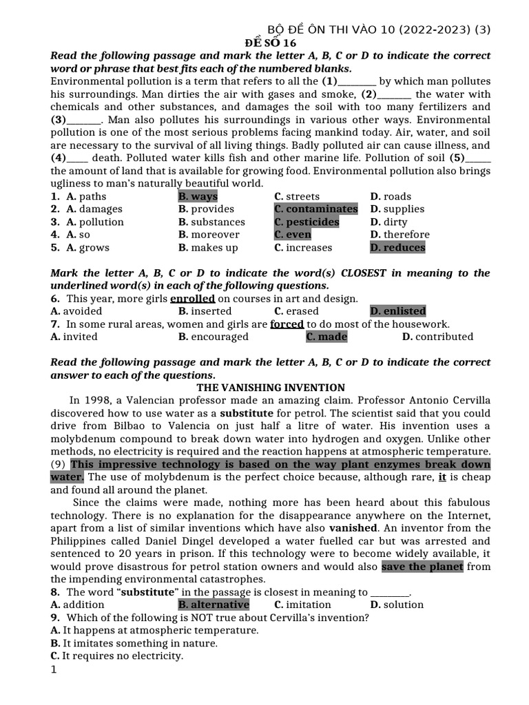 1. KEY - ĐỀ 2022-2023- 15 đề - 16 - 30 copy | PDF | Sausage | Pollution