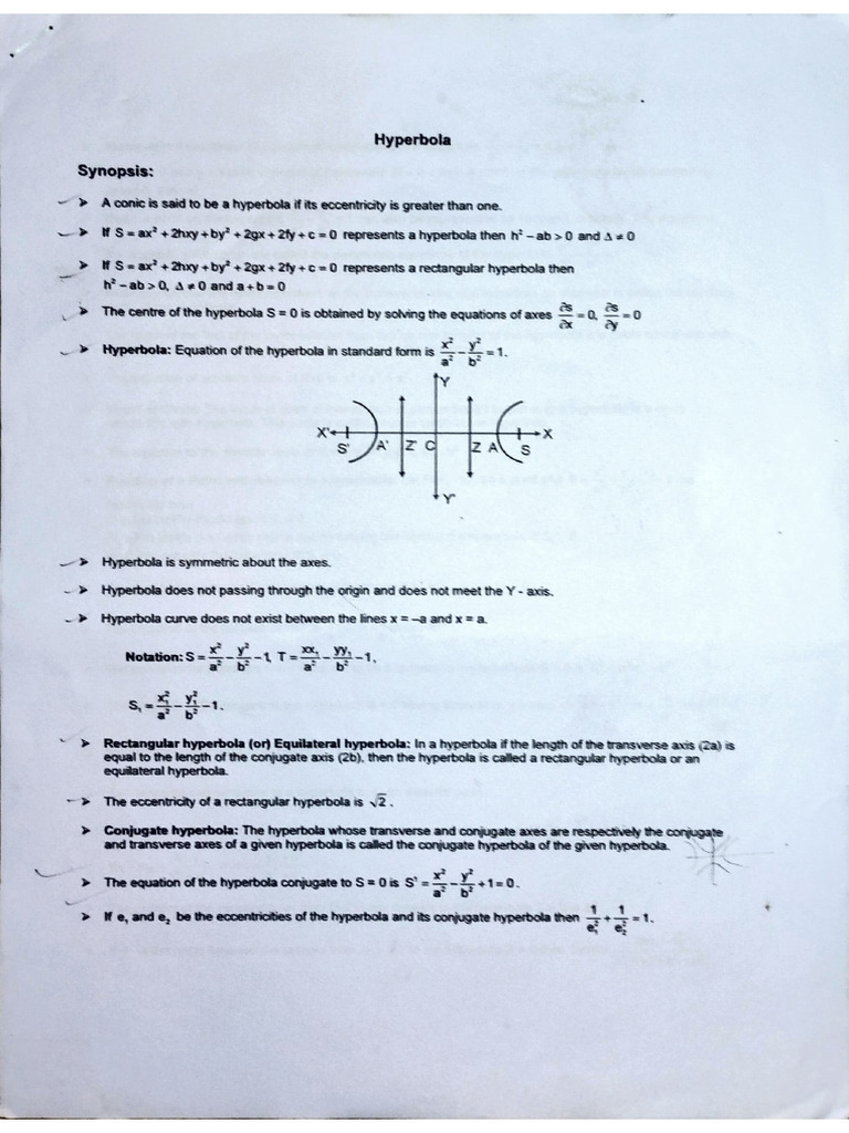 Hyperbola Advanced Formula Revision - Class 11 - JEE | PDF