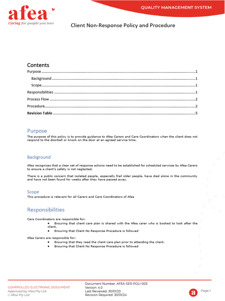 AFEA-SER-POLI-003 Client Non-Response Policy and Procedure V4 | PDF