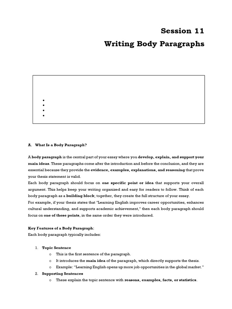 Session 11 Writing Body Paragraphs | PDF | Essays | Paragraph