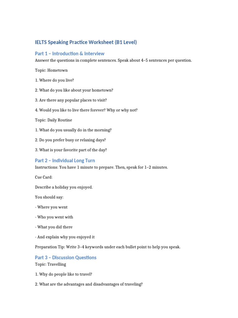 IELTS Speaking Practice Worksheet B1 | PDF