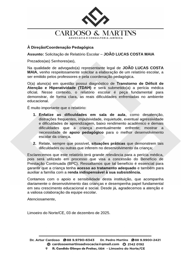 Tdha Solicitacao de Relatorio Escolar. Maria Gabriela Da Silva Balde | PDF