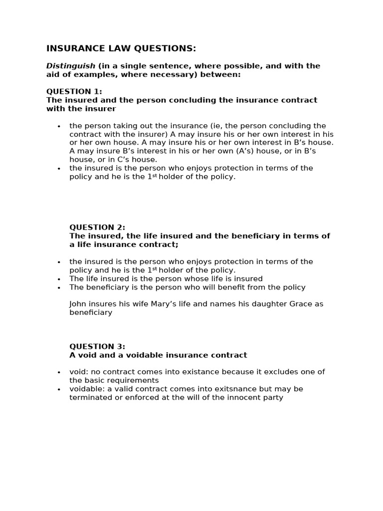 INSURANCE LAW QUESTIONS 1 | PDF | Insurance | Indemnity