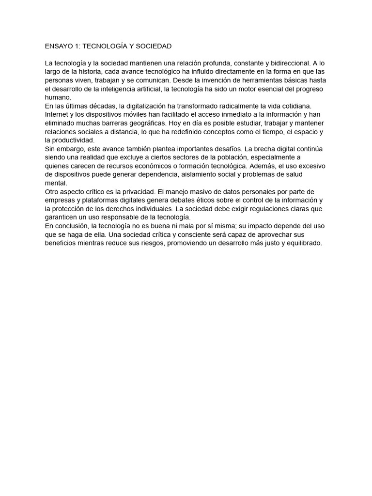 Ensayo 1 - Tecnología y Sociedad | PDF