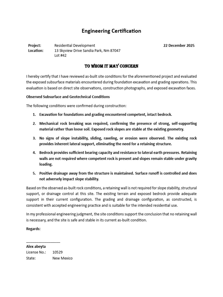 Engineering Certification for Residential Site | PDF
