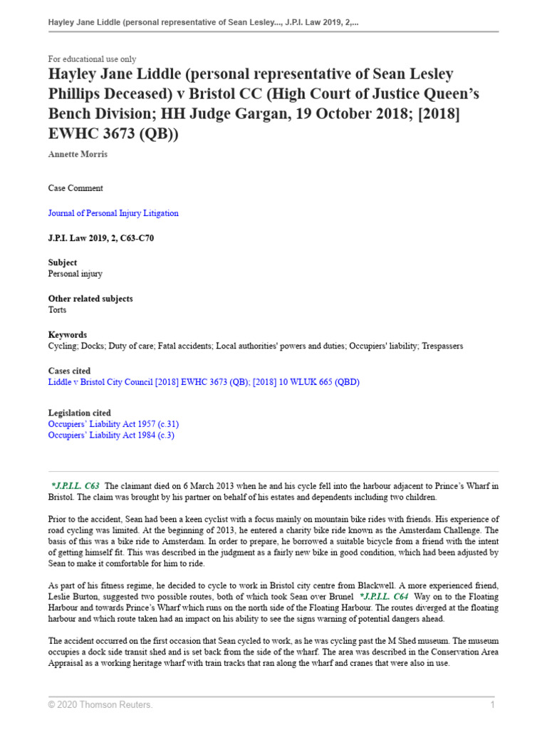 Personal Injury Case: Liddle v Bristol CC | PDF | Private Law | Common Law