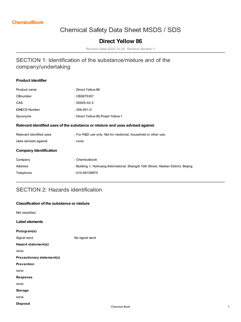 Direct Yellow 86 | PDF | Dangerous Goods | Toxicity