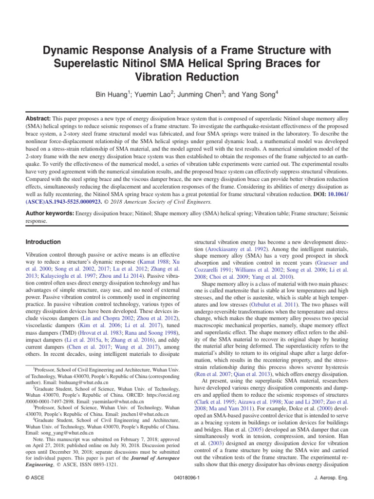 Dynamic Response Analysis of A Frame Structure With Superelastic ...