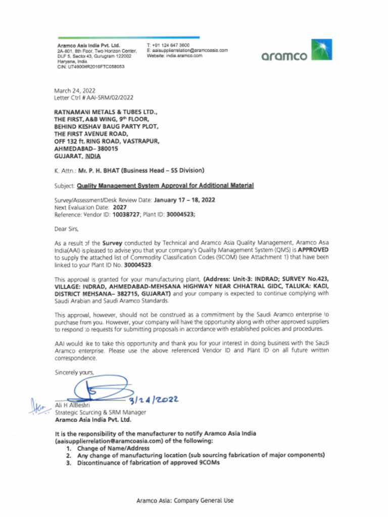 RATNAMANI - Saudi Aramco Certfificate Valid Till 2027 | PDF