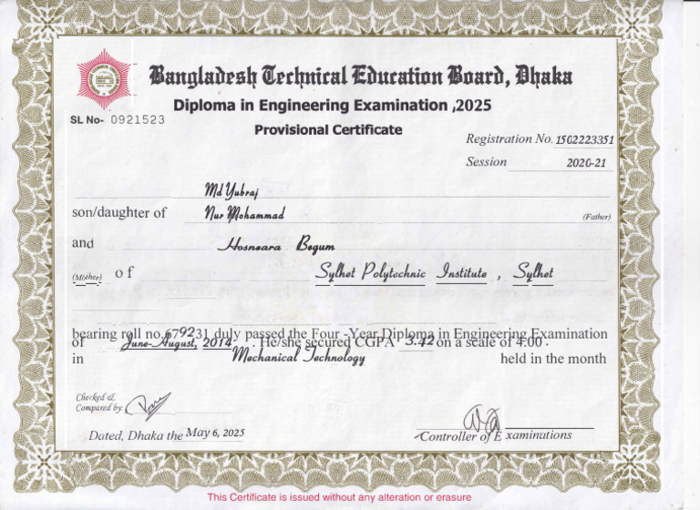 Diploma in Engineering Certificate 2025 | PDF | Vocational Education ...