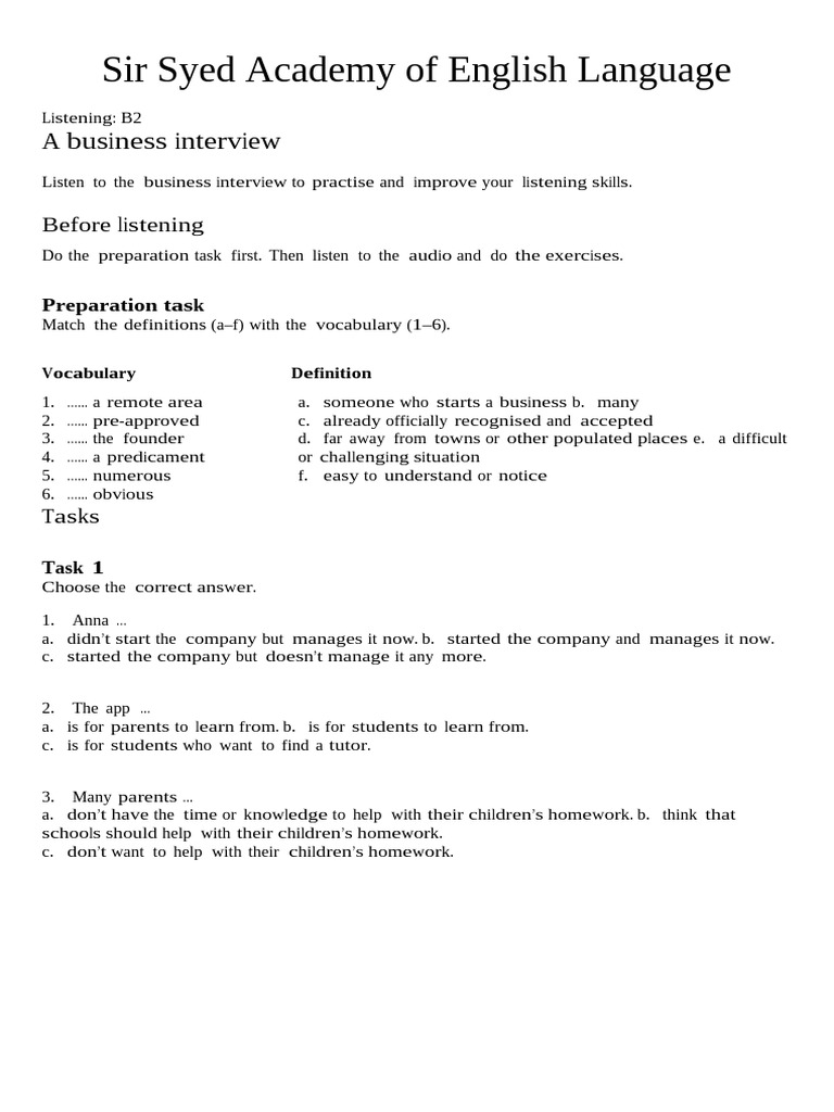 B2 Listening Skills: Business Interview | PDF | Linguistics | Languages