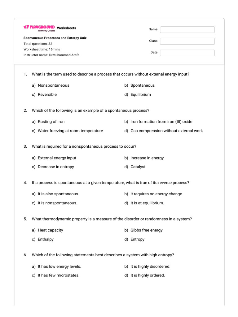 Spontaneous Processes and Entropy Quiz - Wayground | PDF | Entropy | Gases
