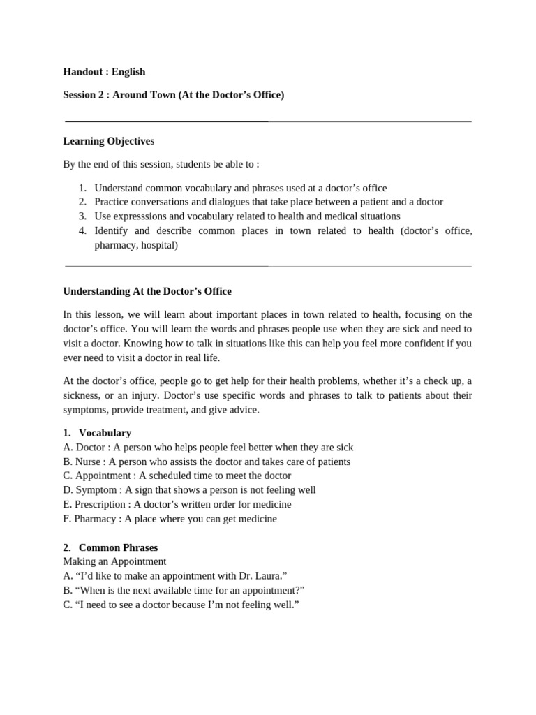 English Vocabulary for Doctor Visits | PDF | Physician | Pharmacy