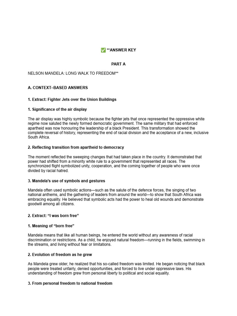 --ANSWER KEY. Nelson Mandela and Two stories about flying | PDF ...