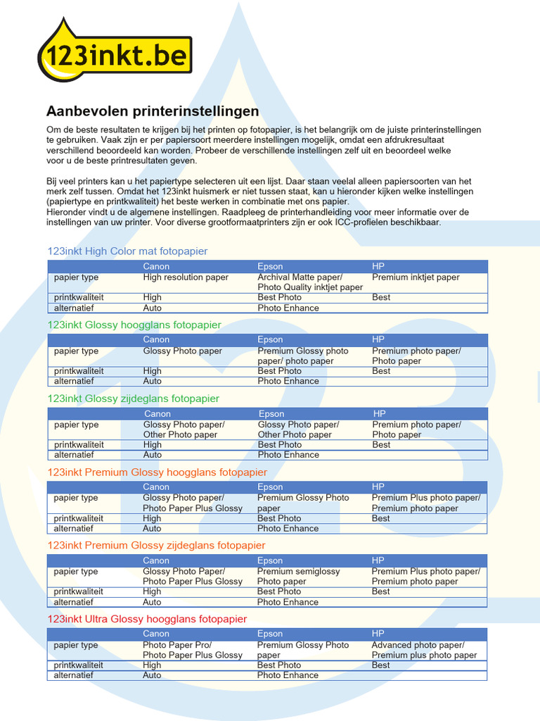 123inkt Fotopapier Instellingen BE | PDF