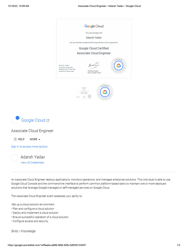 Associate Cloud Engineer • Adarsh Yadav • Google Cloud | PDF ...