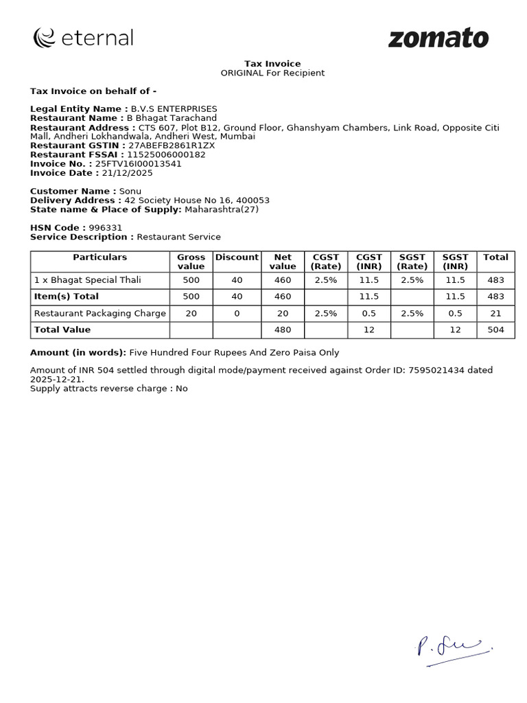 Tax Invoice for B.V.S Enterprises | PDF