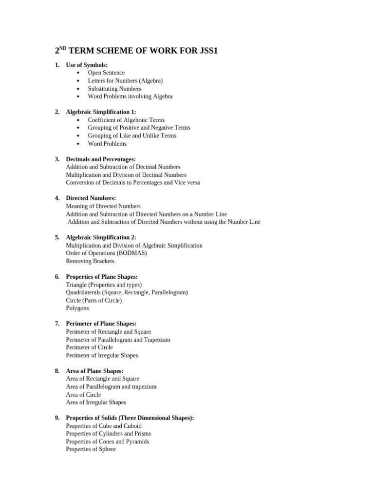JSS1 2nd Term Math Scheme of Work | PDF