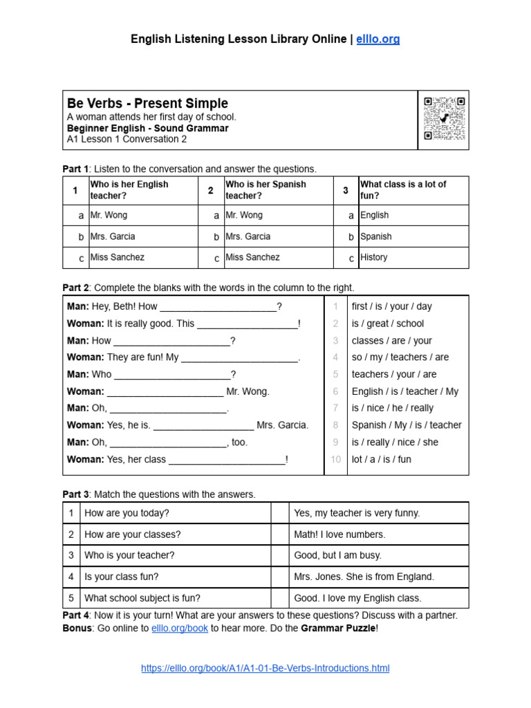 A1 01 2 Be Verbs Introductions Word Order | PDF | English Language ...