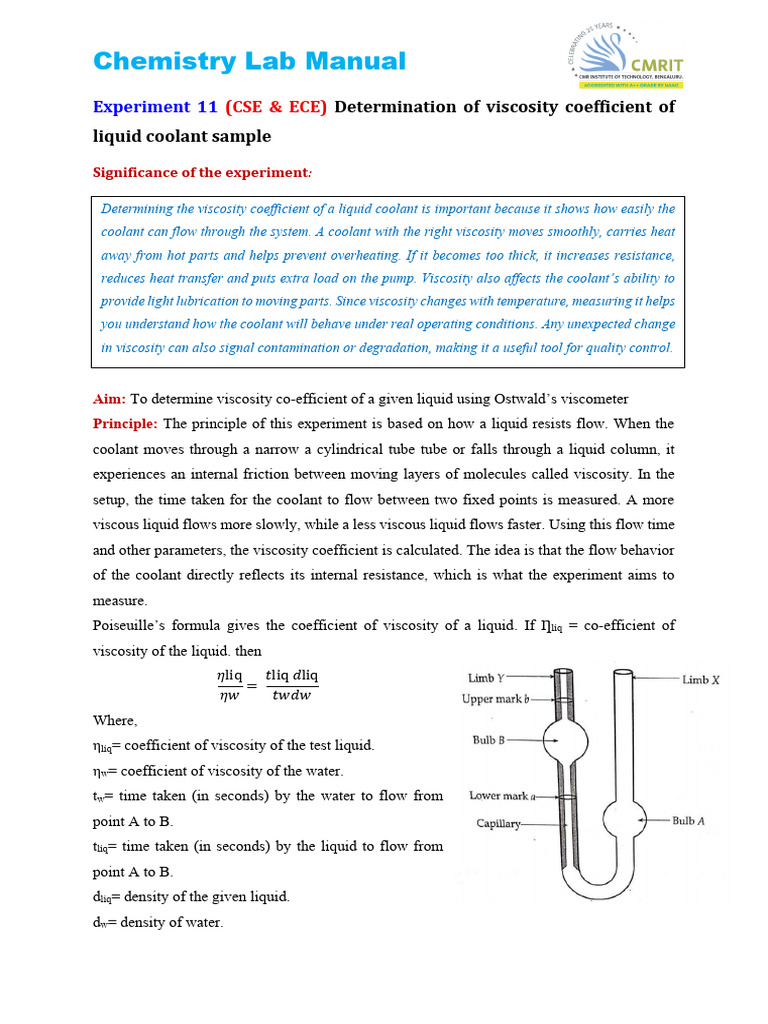 Experiment 11-Viscosity Coefficient | PDF | Viscosity | Liquids