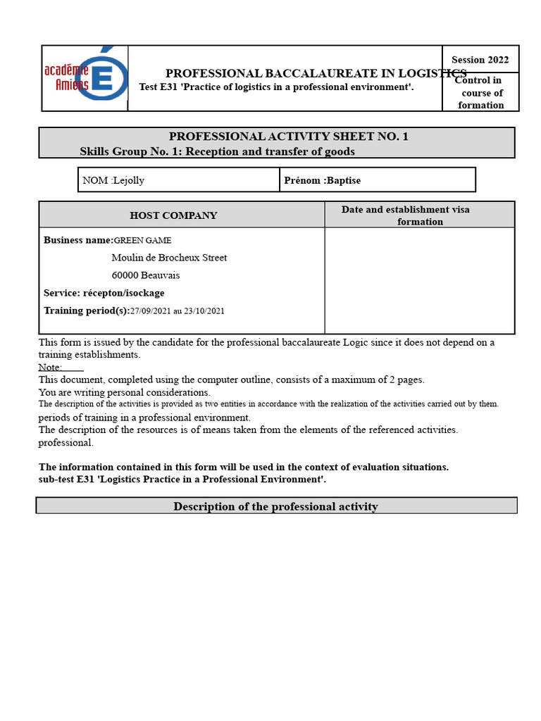 Professional activity sheet no. 1 Appendix 3 | PDF | Logistics | Computing
