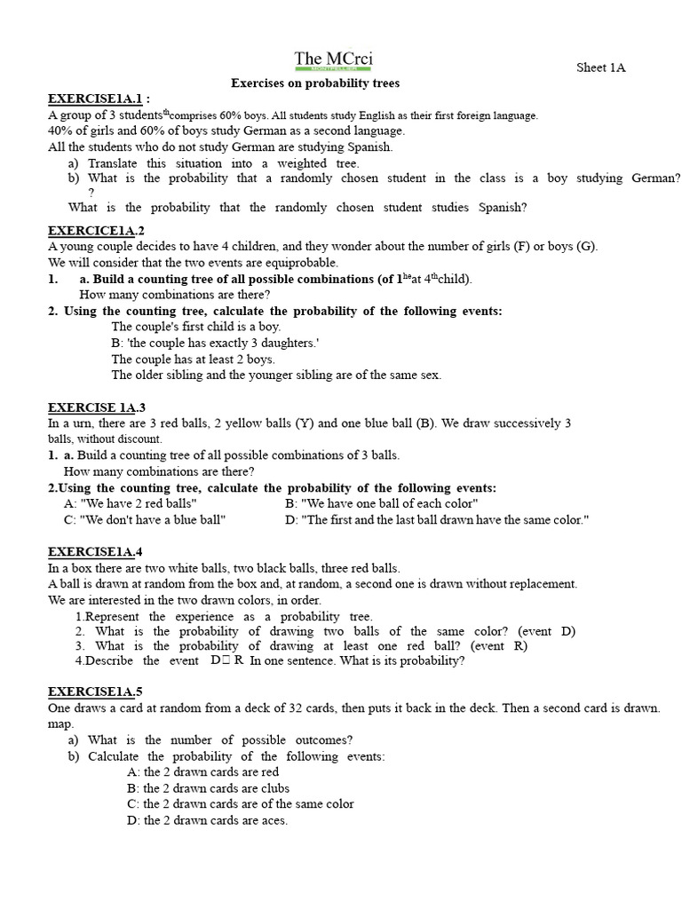Chap 03 - Ex 1A - Probability Trees - ANSWER KEY | PDF | Probability ...