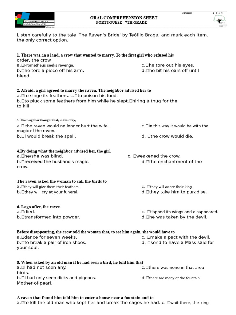 Raven's Bride: 7th Grade Comprehension | PDF | Fairy Tales | Folklore