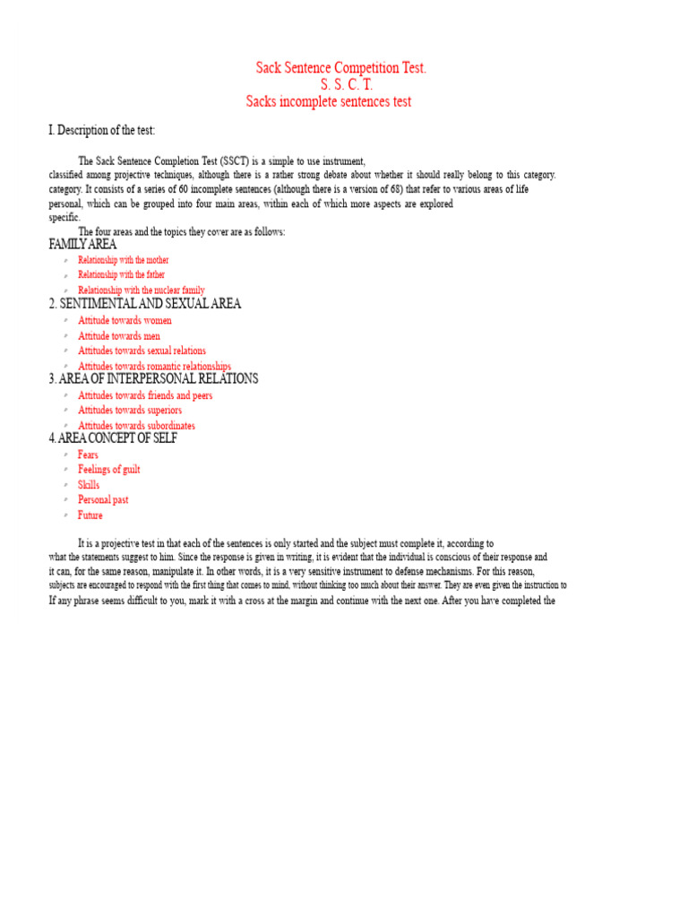 Manual-Protocol Incomplete Phrases by Sacks (Children and Adults) | PDF ...