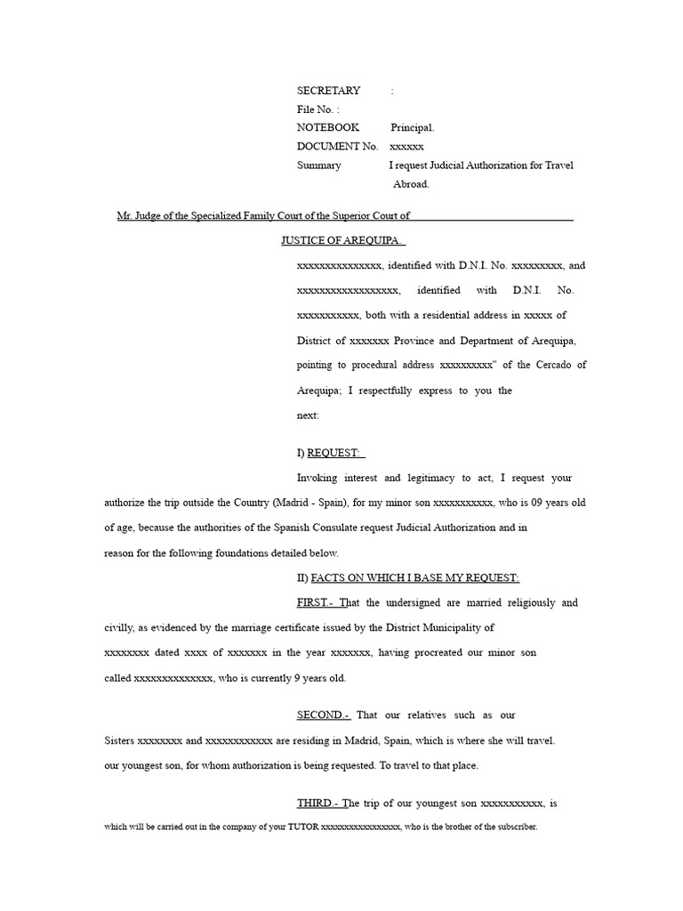Model of Judicial Authorization Request for Travel Abroad | PDF ...