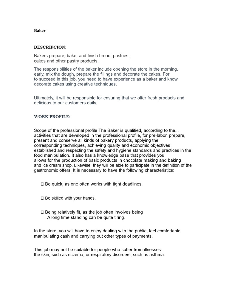 Baker and Cook Job Profile | PDF | Cakes | Chef