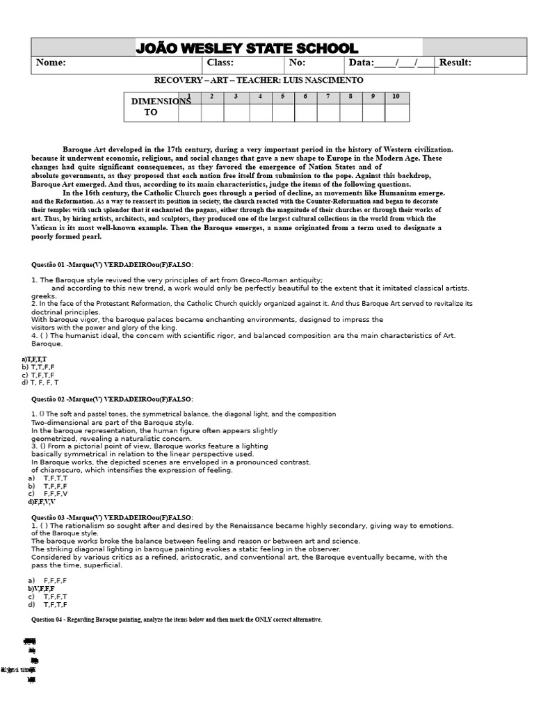 Baroque Art Test - With Answer Key | PDF | Baroque | Sculpture