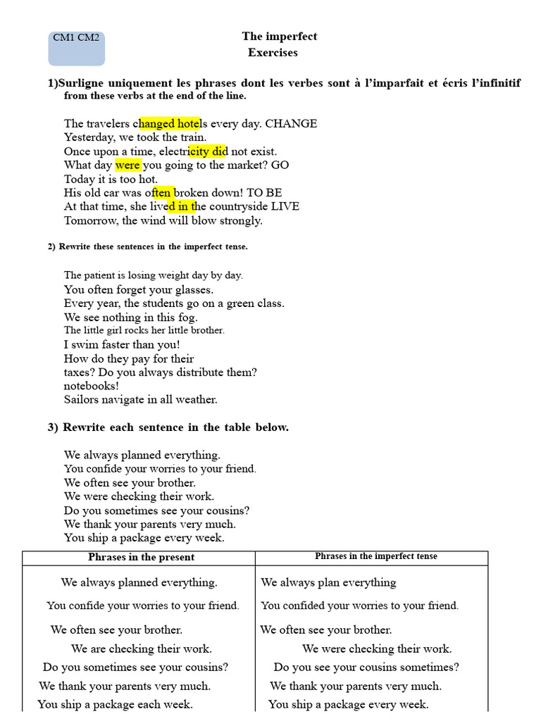 Exercises - The imperfect tense | PDF | Grammar | Syntax
