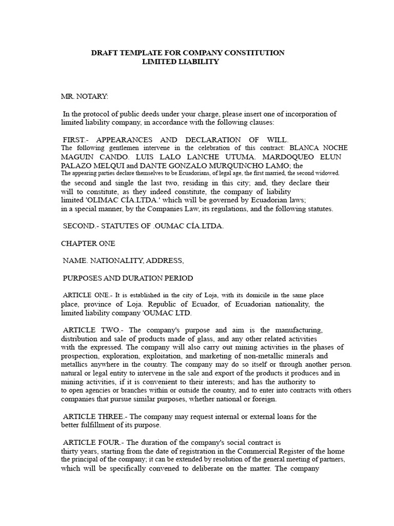 Model Draft Constitution Limited Liability Company | PDF | Government ...