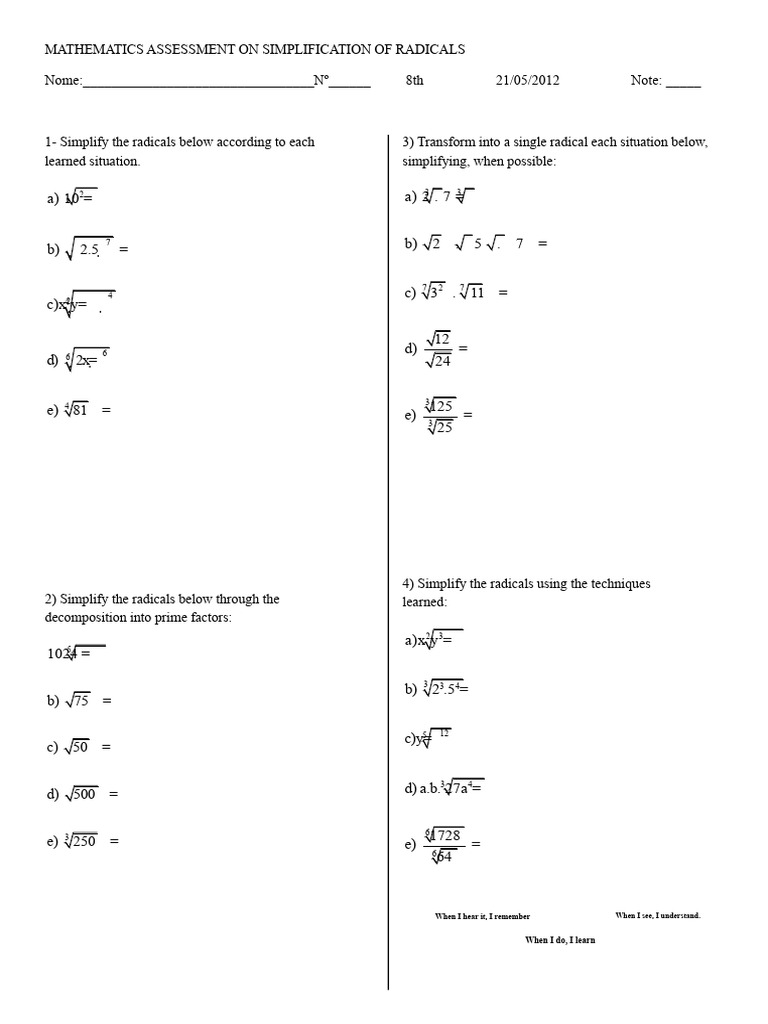 Mathematics Evaluation On Simplification of Radicals | PDF