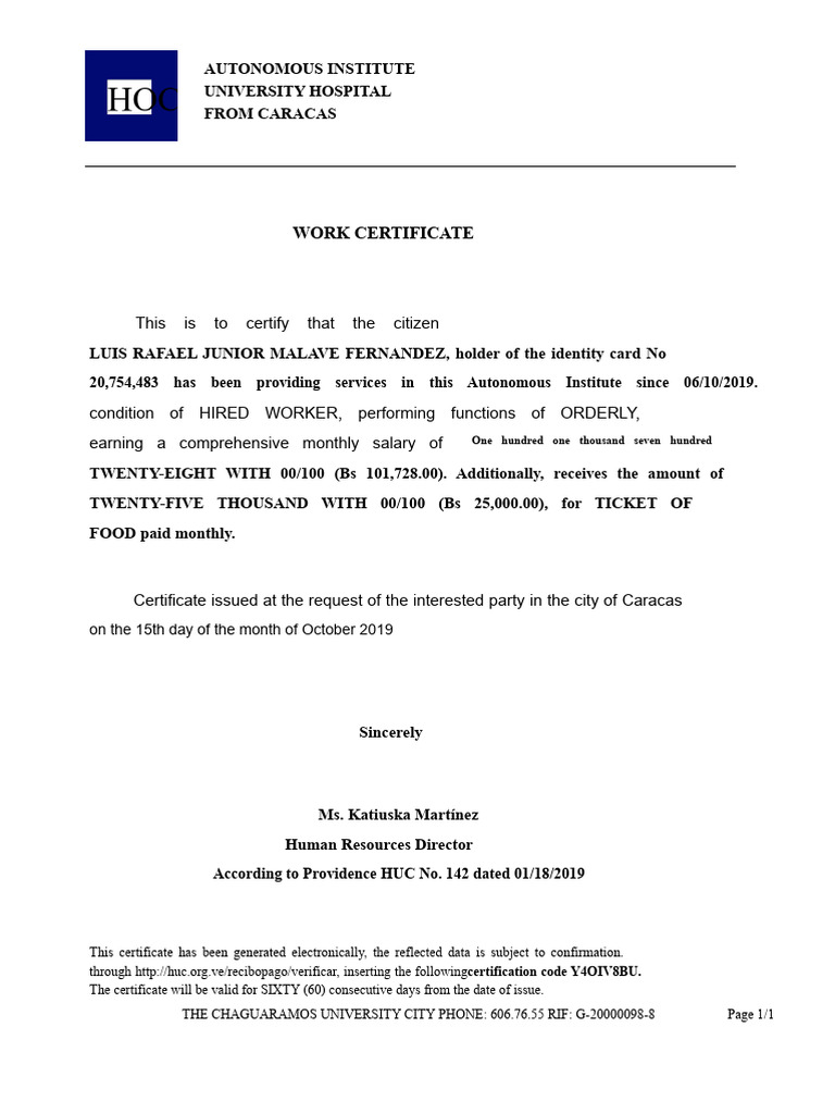 Work Certificate for Luis Malave | PDF