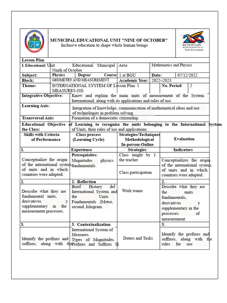 Practical Class Plans Plan 1 | PDF | International System Of Units ...
