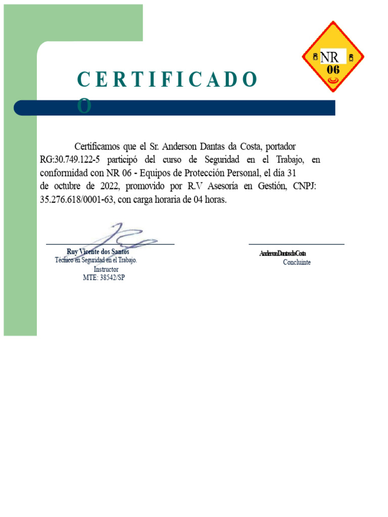 Certificado de Entrenamiento de NR 06 Anderson Dantas Da Costa | PDF