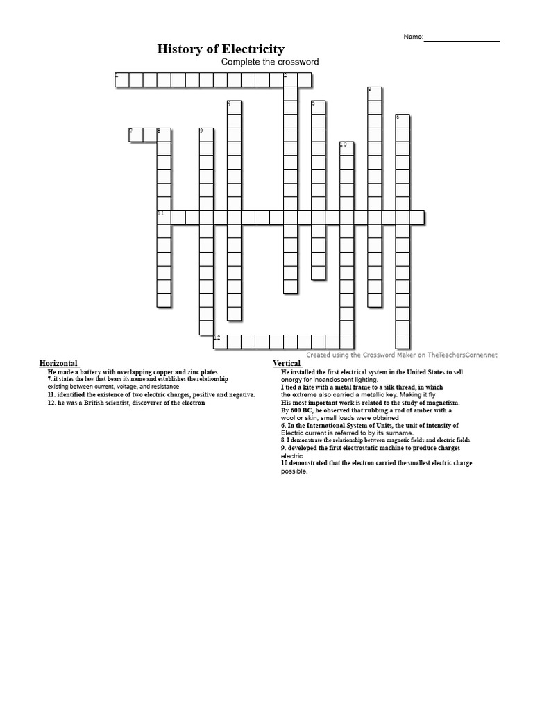 Crossword on Electricity History | PDF | Electricity | Electric Charge