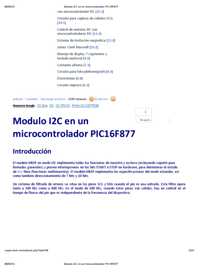 Modulo I2c En Un Microcontrolador Pic16f877 Pdf Poco Ingenieria Eléctrica 