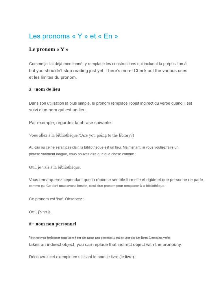 Utilisation des pronoms « Y » et « En » | PDF | Pronom | Verbe